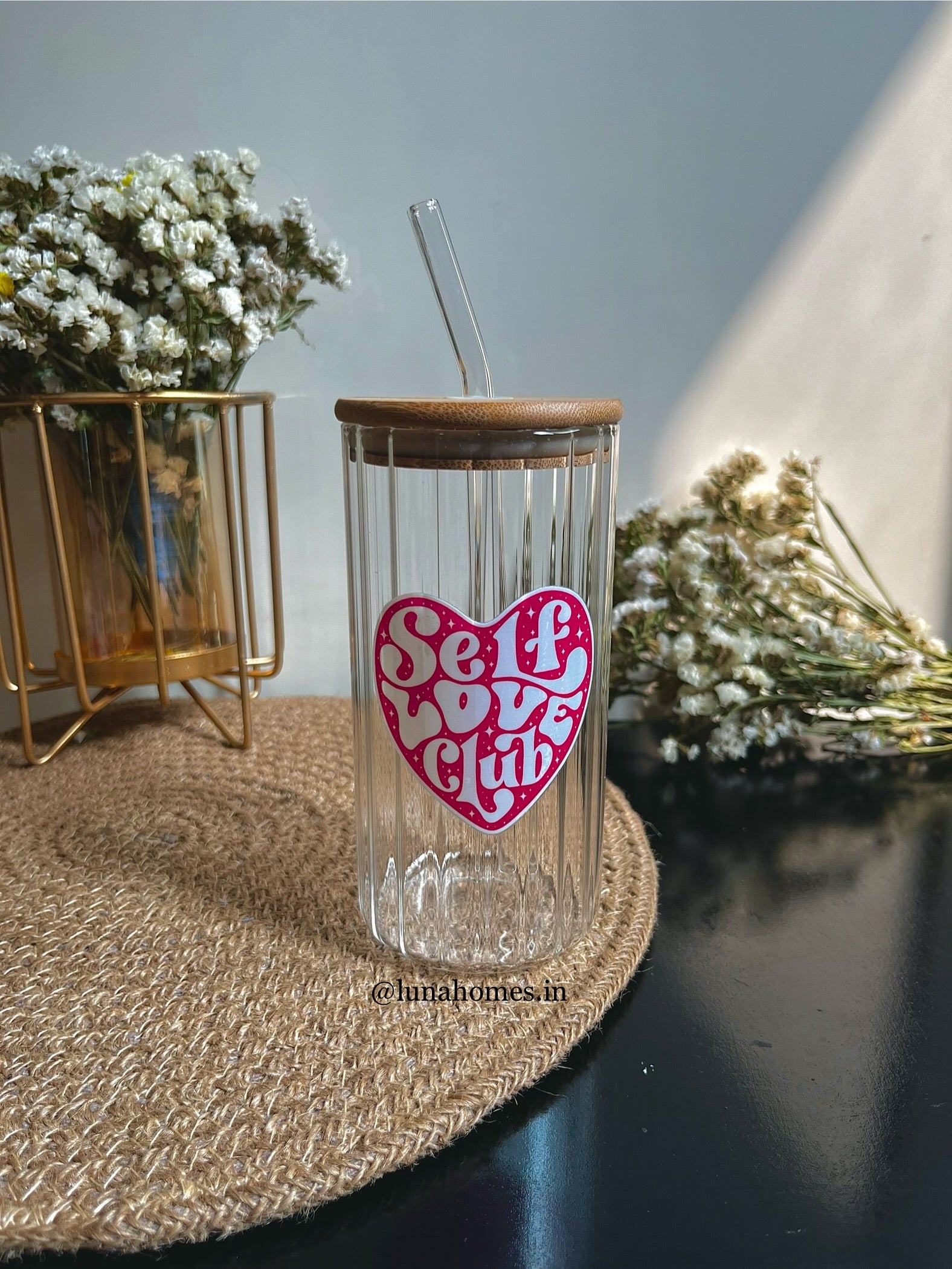 Ripple Glass Sipper |Self Love Club| With Lid and Glass Straw| 420ml ...